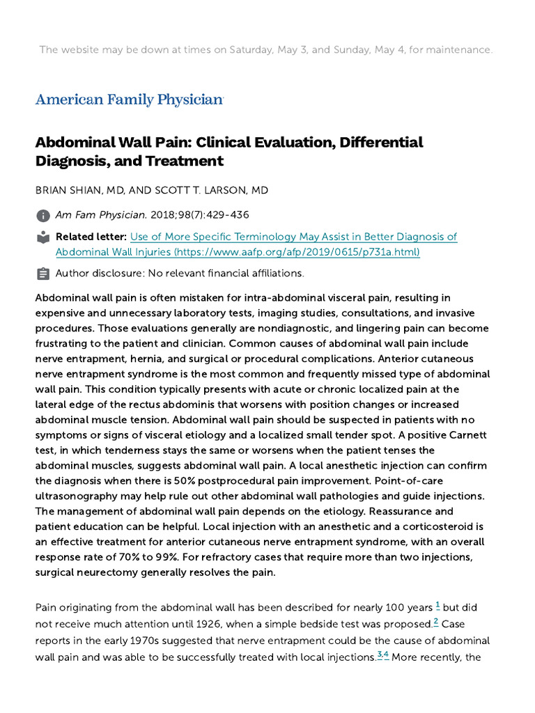 Abdominal Wall Pain - Clinical Evaluation, Differential Diagnosis, and Treatment - AAFP | PDF ...