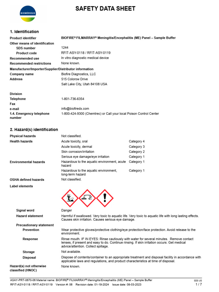 ASAY-PRT-0670 SDS ME FilmArray Reagent Kit EN-US | PDF | Dangerous ...