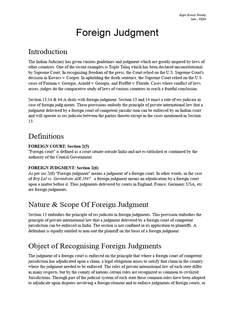 Foreign Judgment (S. 13,14& 44A) | PDF | Judgment (Law) | Lawsuit