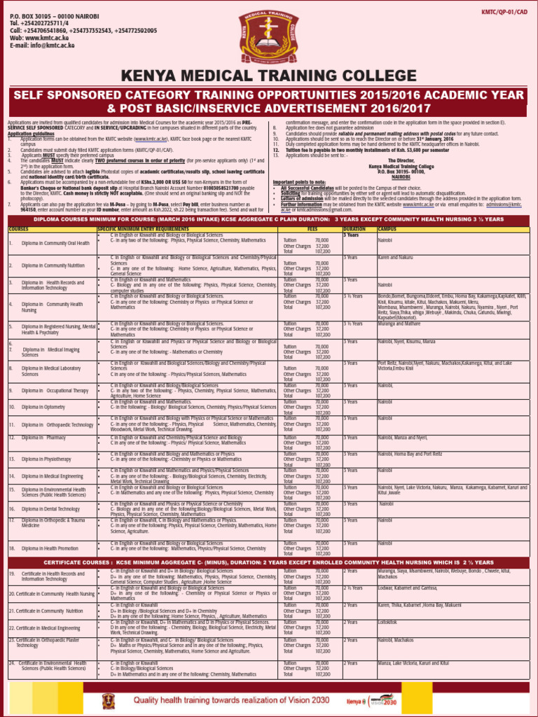 KMTC Self Sponsored Courses & Fees 2016 | PDF | Diploma | Banks