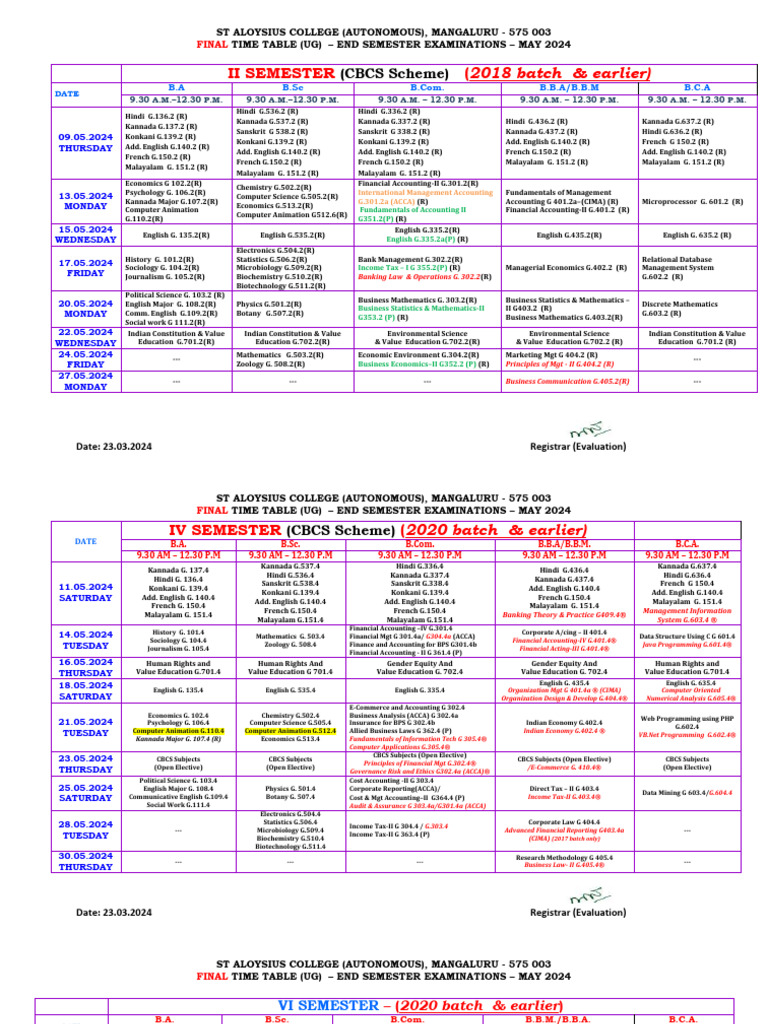 TIME TABLE (UG 2020 Batch & Earlier) - UG - II, IV & VI Sem - May 2024 ...