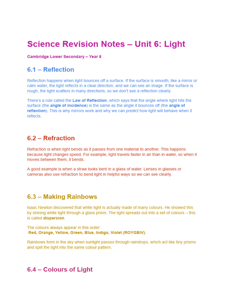Science Revision Notes - Unit 6 - Light | PDF | Meteoroid | Rainbow