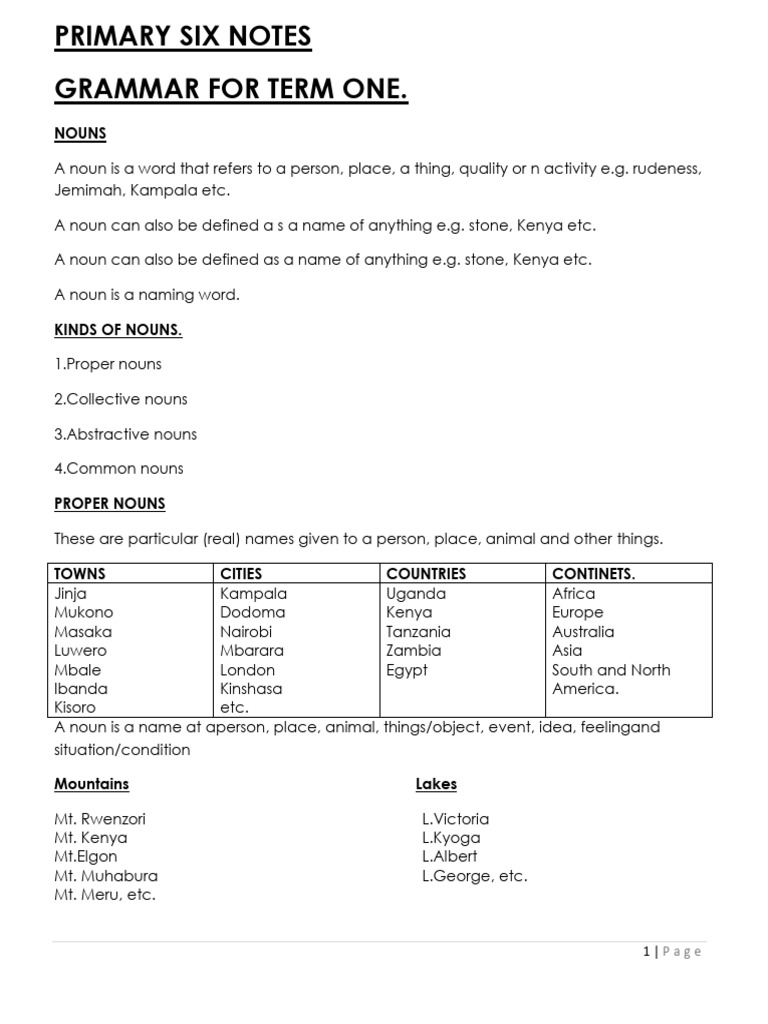 Primary Six Grammar Notes: Nouns | PDF | Pronoun | Plural