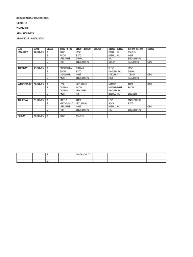 Timetable April Holidays | PDF