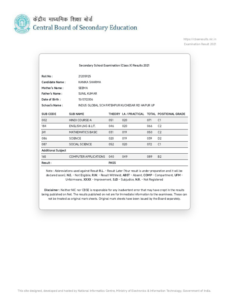 CBSE Class X Result 2021 for Kanika Sharma | PDF | Educational ...