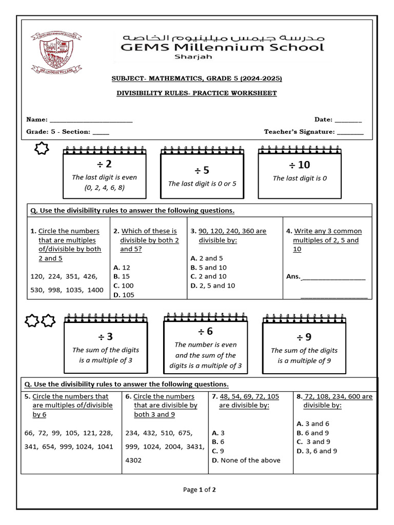 Divisibility Rules - Practice Worksheet - 29th May, 2024 | PDF ...