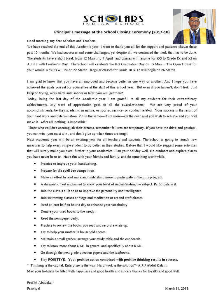 Principal's Closing Remarks 2017-18 | PDF | Learning | Education Theory