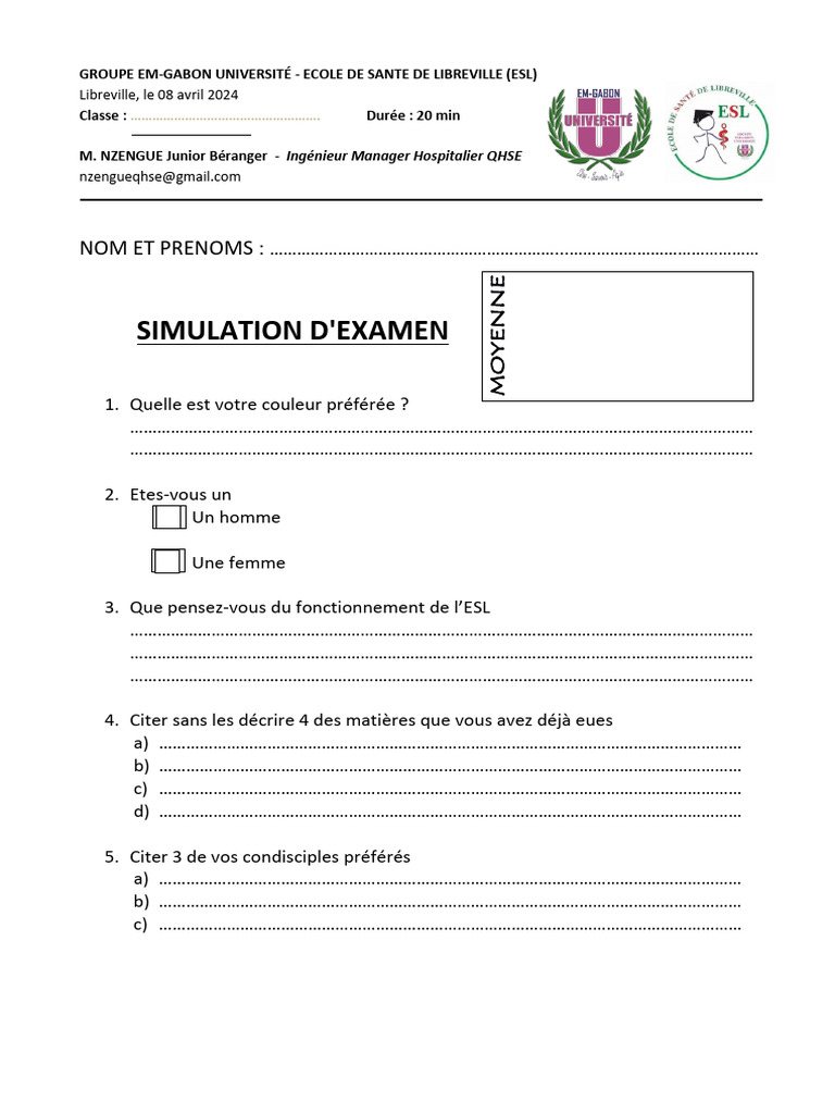Simulation D'examen ESL 2024 | PDF