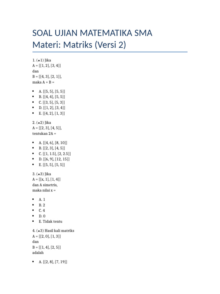 Soal Ujian Matriks SMA Versi2 | PDF