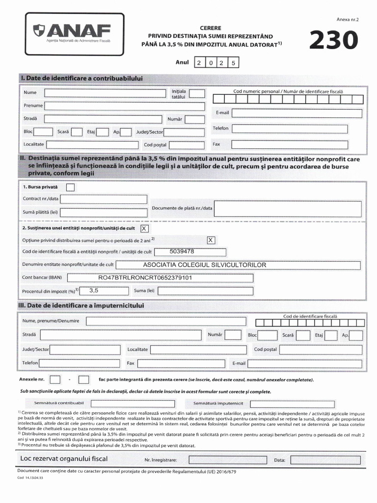 Formular ANAF 230 Cerere Privind Destinația ACS - 3,5% Din Impozitul Datorat | PDF