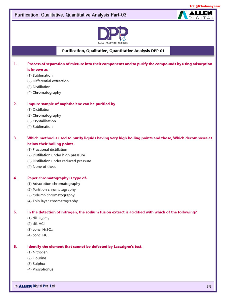 Purification, Qualitative, Quantitative Analysis DPP | PDF | Chromatography | Distillation