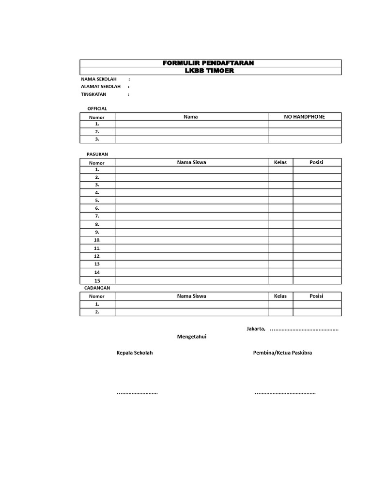 Formulir Pendaftaran Lkbb Timoer | PDF