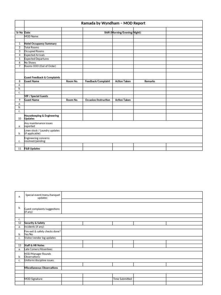 MOD Report Format for Hotels | PDF