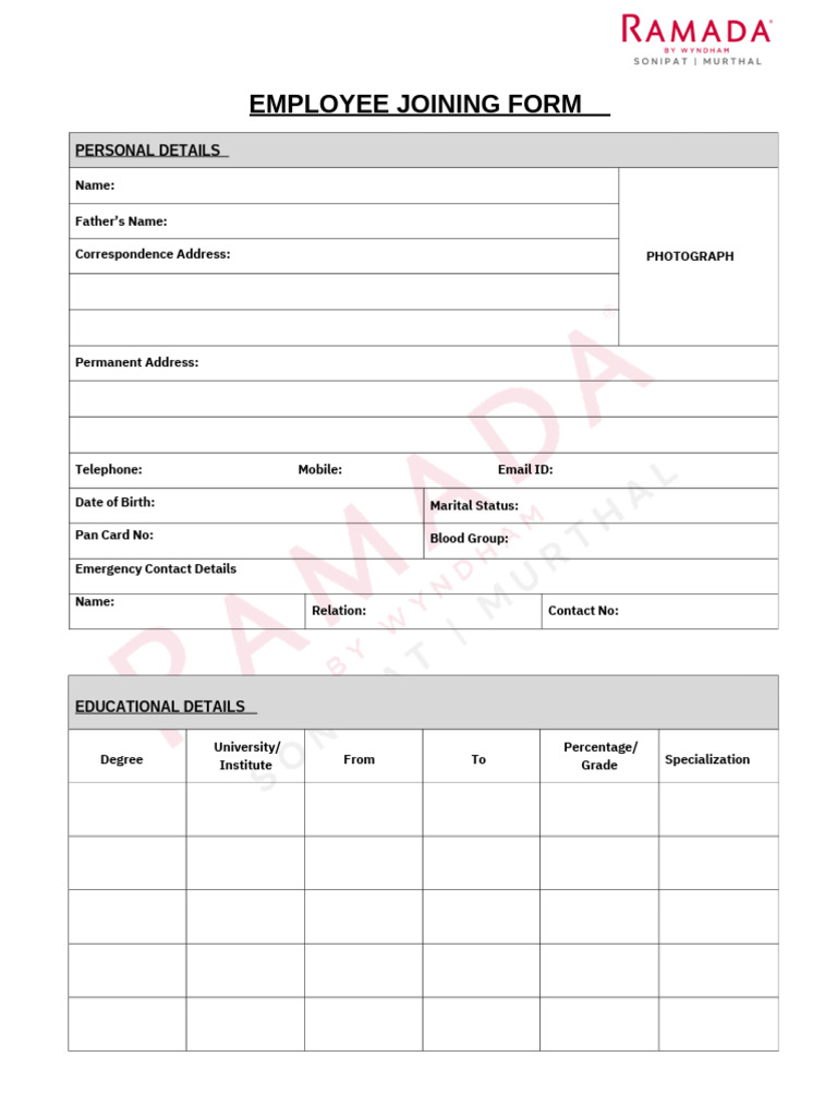 Employee Joining Form-Ramada PDF | PDF