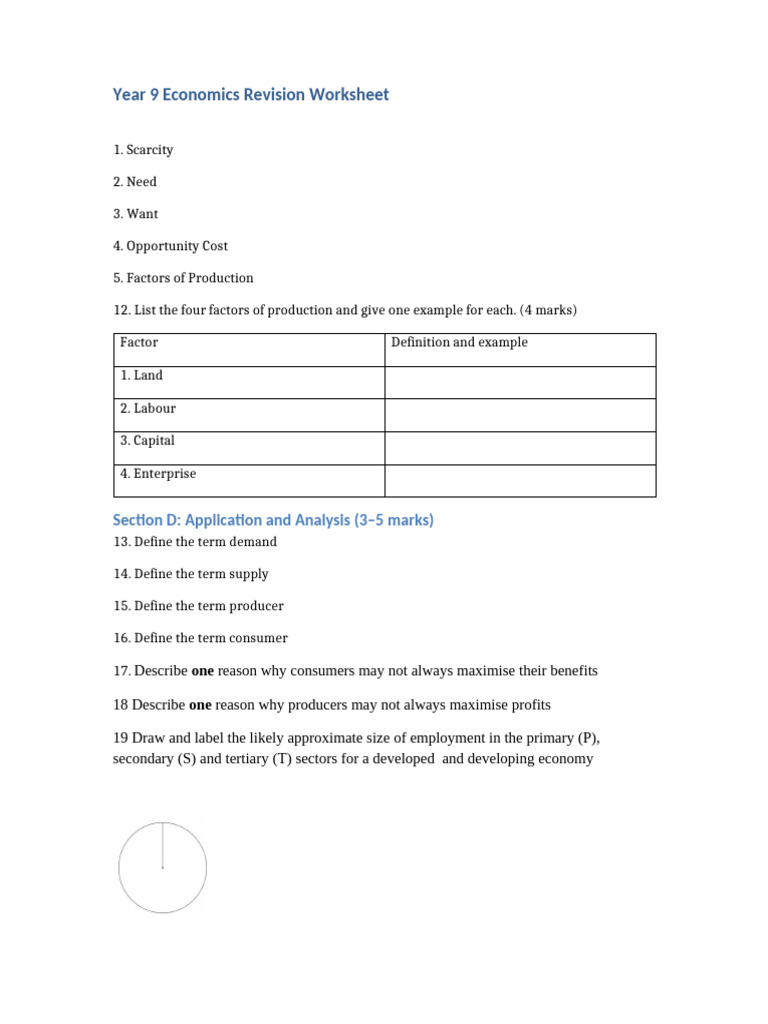Y9 Economics Revision Worksheet | PDF