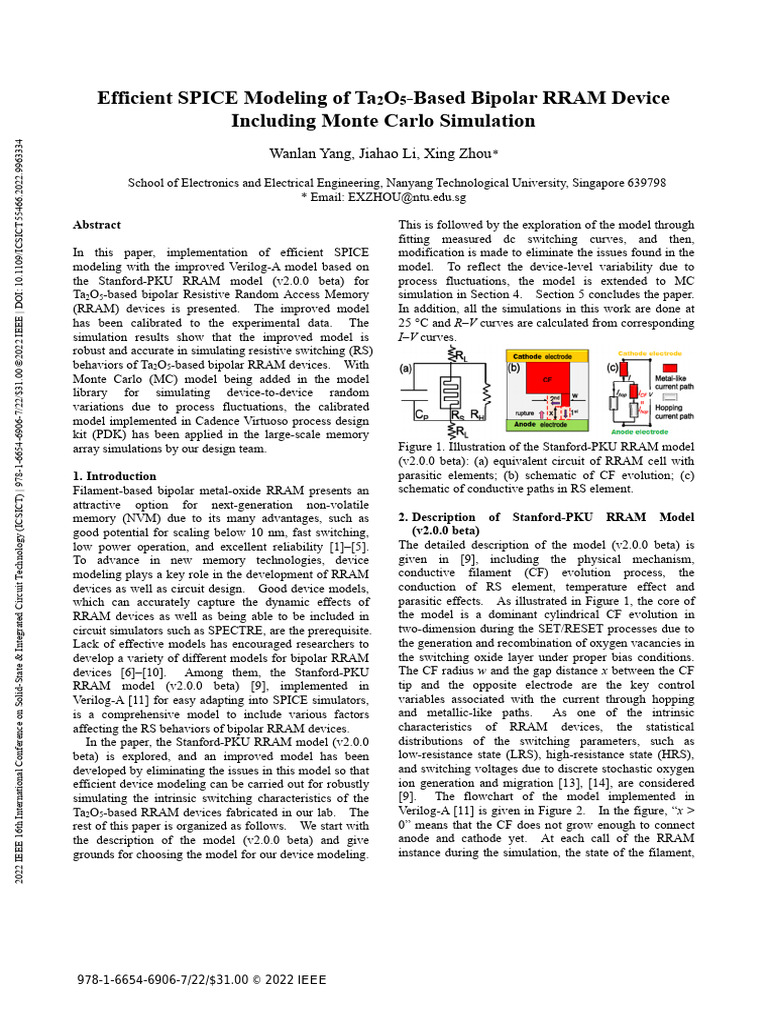 Efficient SPICE Modeling of Ta2O5-Based Bipolar RRAM Device Including Monte Carlo Simulation ...