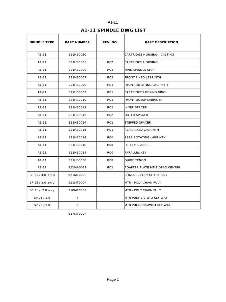 A1-11 Spindle Part List | PDF