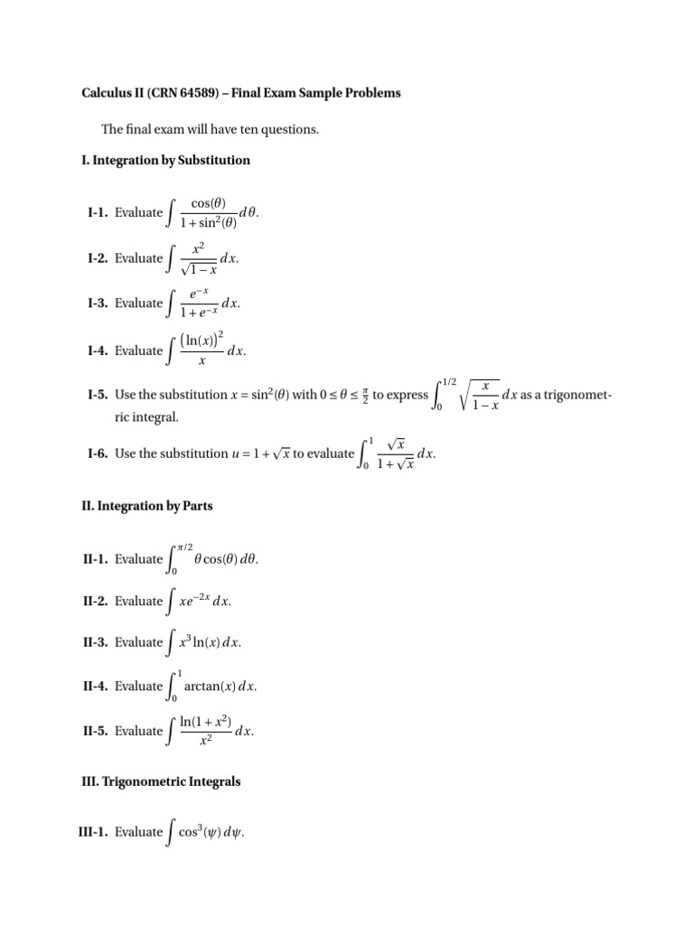 Calculus II Final Exam Sample Problems | PDF | Mathematical Analysis ...