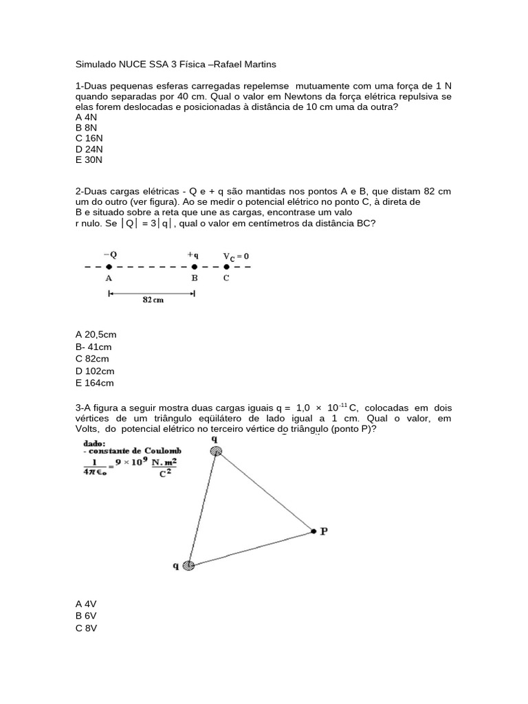 Simulado NUCE SSA 3 Física | PDF | Carga elétrica | Eletricidade