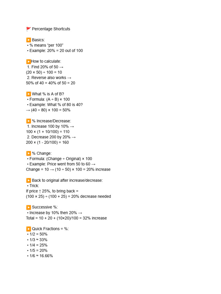 ? Percentage Shortcuts | PDF