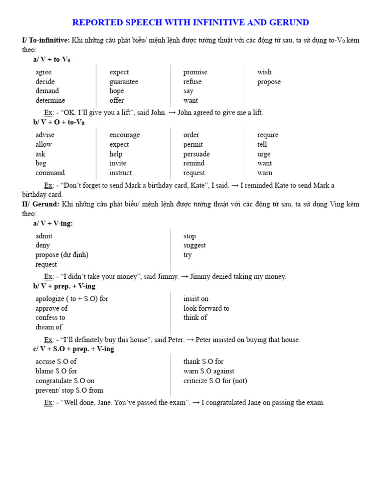 REPORTED SPEECH WITH INFINITIVE AND G | PDF