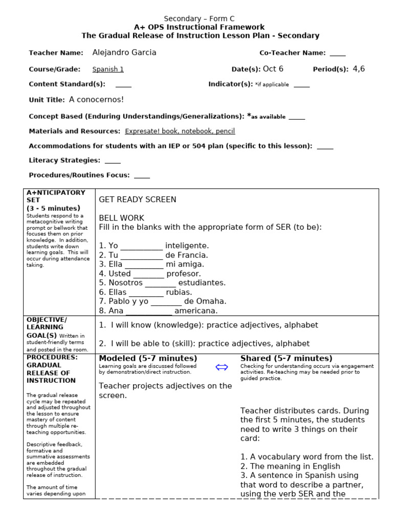 SP1 Lesson Plan 06 Oct Spanish1 | PDF | Lesson Plan | Teachers