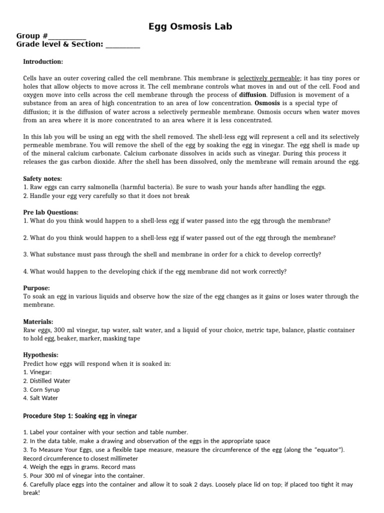 QUARTER 2 - Egg Osmosis Lab6thGrade | PDF | Cell Membrane | Osmosis
