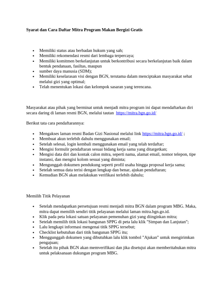 Syarat Dan Cara Daftar Mitra Program Makan Bergizi Gratis | PDF