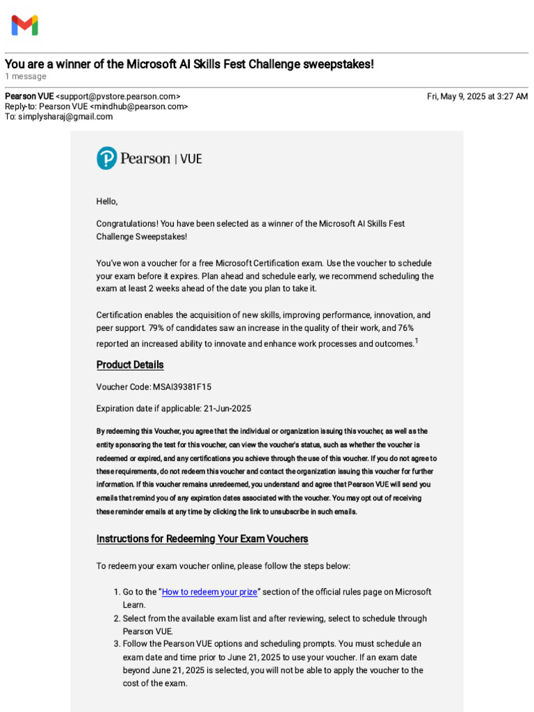 Gmail - You Are A Winner of The Microsoft AI Skills Fest Challenge ...
