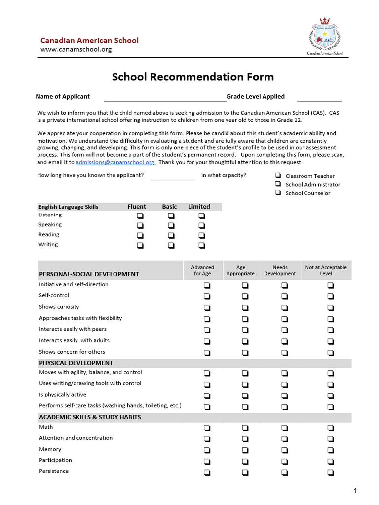 School Recommendation Form - SK To Grade 2 | PDF | Behavior ...
