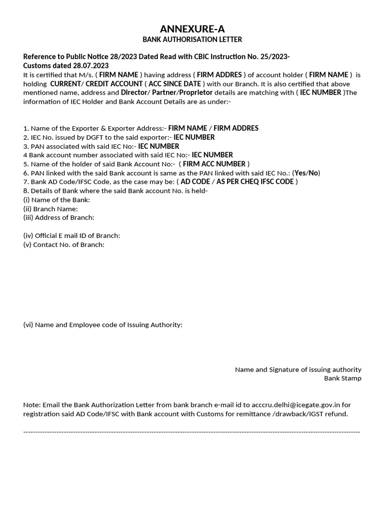 Bank Authorization Letter for AD Code | PDF