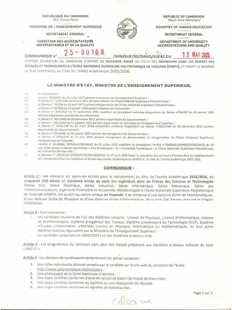 Concours ENSPY 2025_3e Annee Cycle Ing Dans Les Filieres Des Sc Et ...