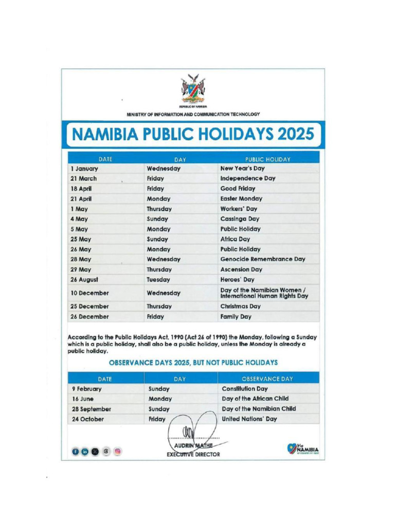 Namibia Public Holidays 2025 | PDF