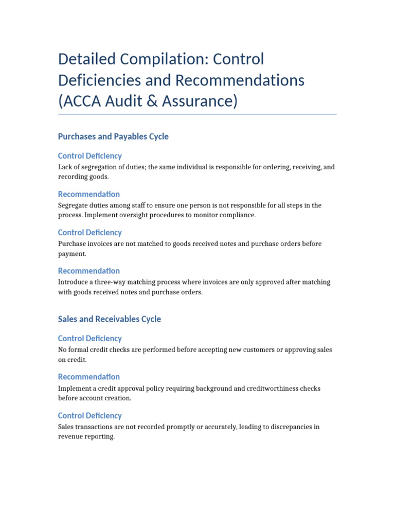 ACCA Control Deficiencies Recommendations | PDF | Inventory | Economies