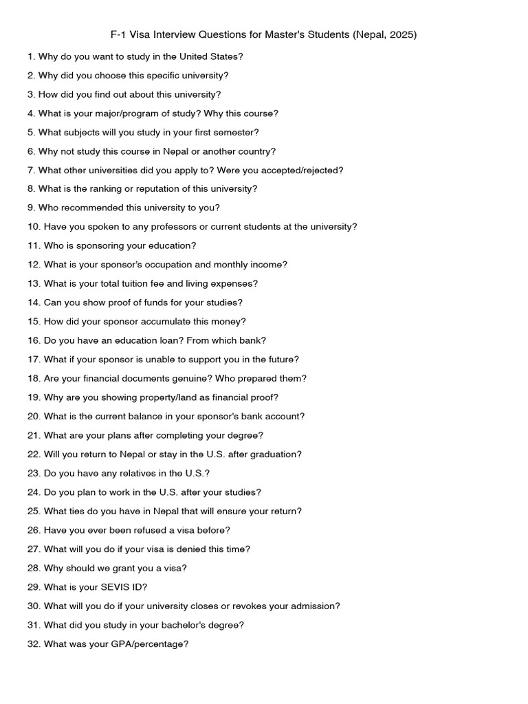 F1 Visa Interview Questions Nepal 2025 | PDF | University | Travel Visa