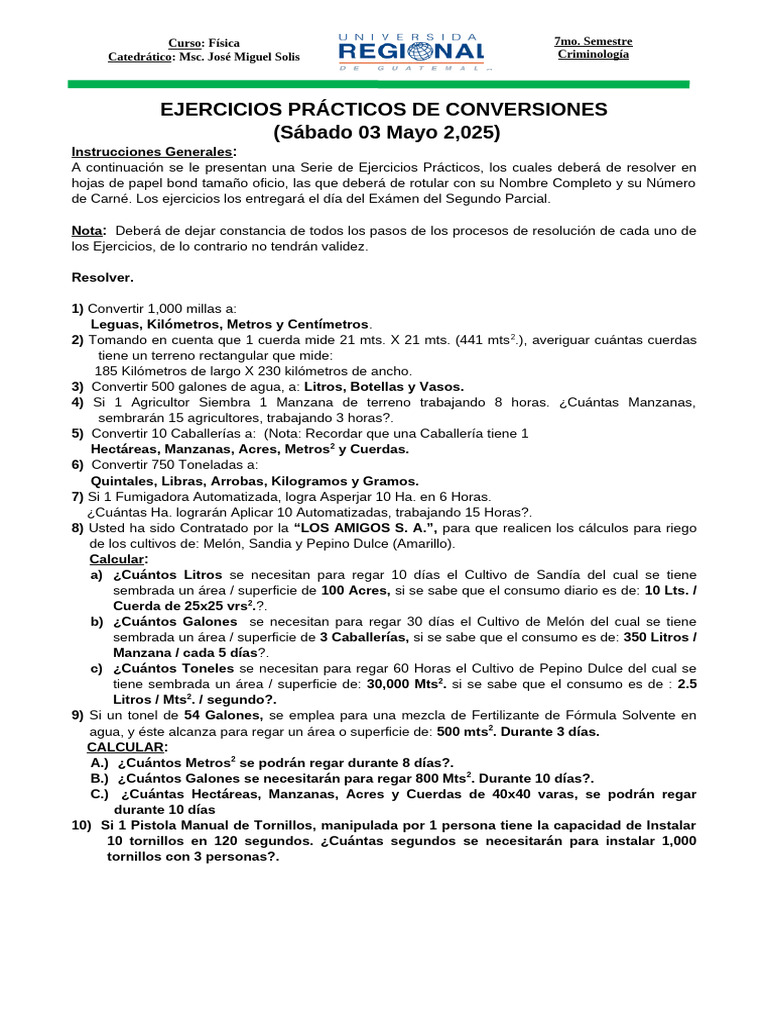 Ejercicios Prácticos Sobre Conversiones - Sabado 03 Mayo 2025 | PDF | Unidades de medida