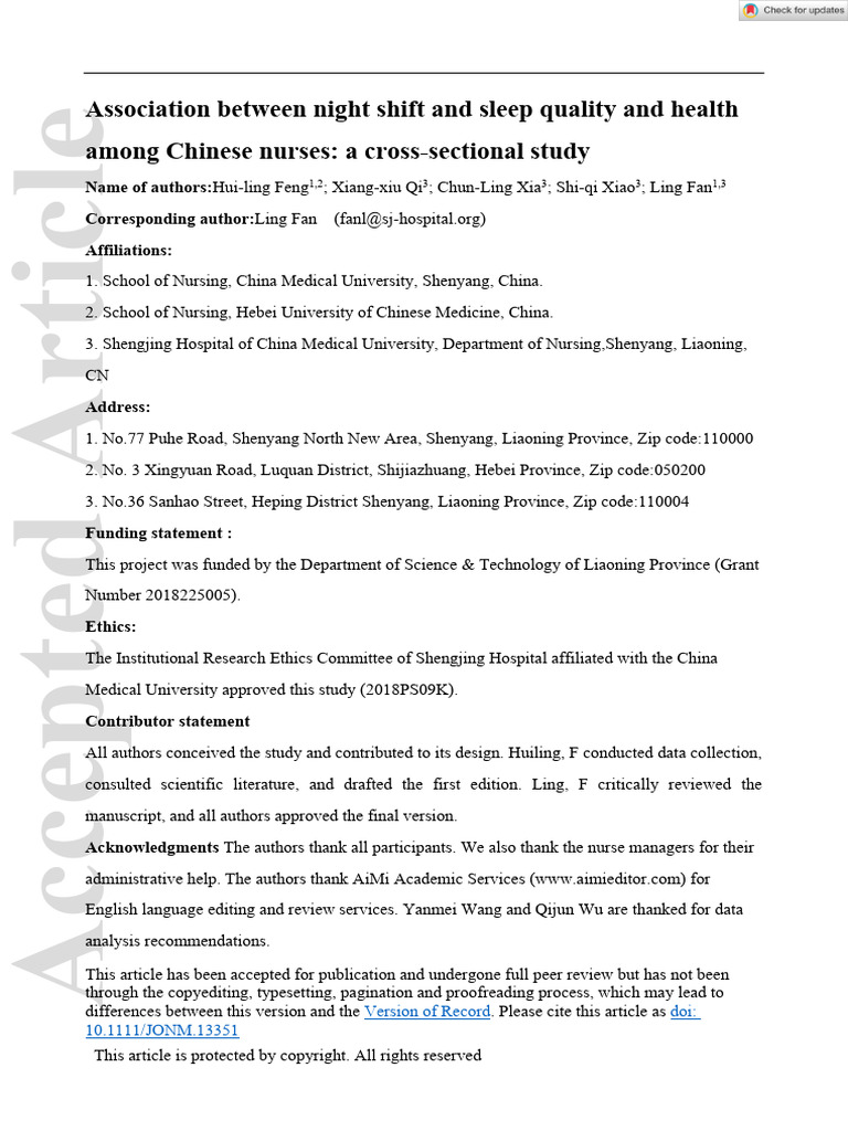 Association Between Night Shift and Sleep Quality and Health | PDF ...