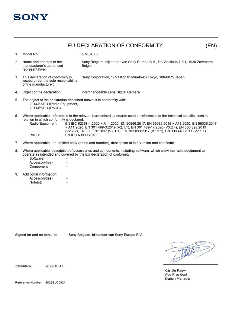 Sony Fx3 Eu Declaration Of Conformity Pdf Photography Equipment