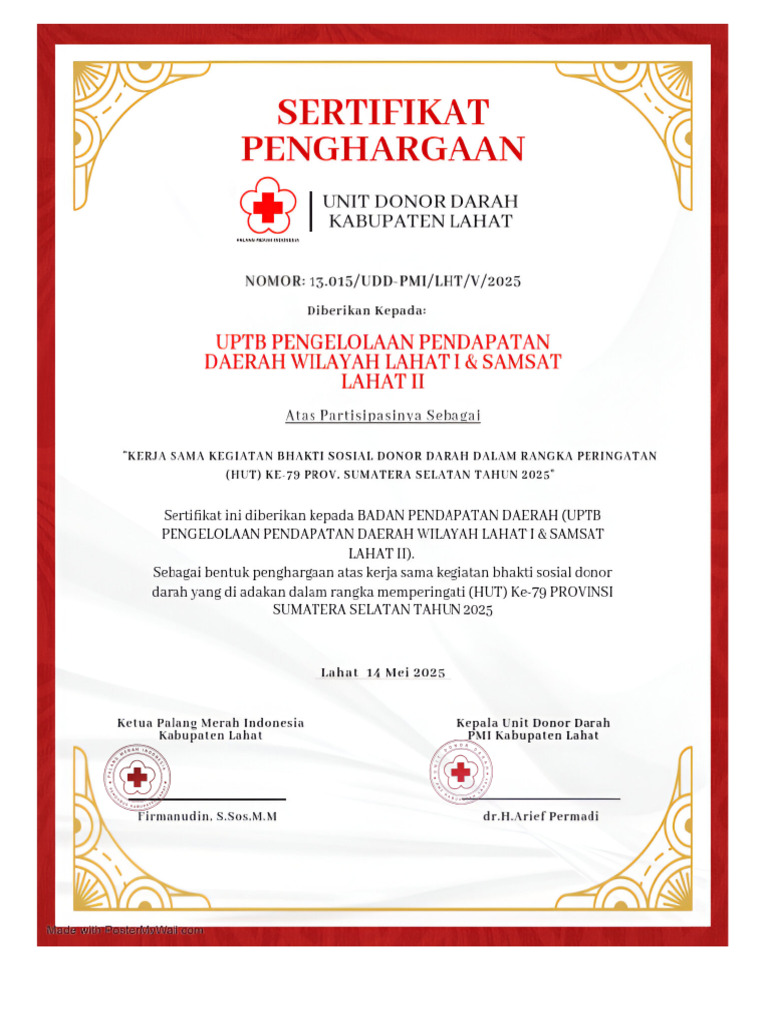 Sertifikat Penghargaan UDD PMI LHT | PDF