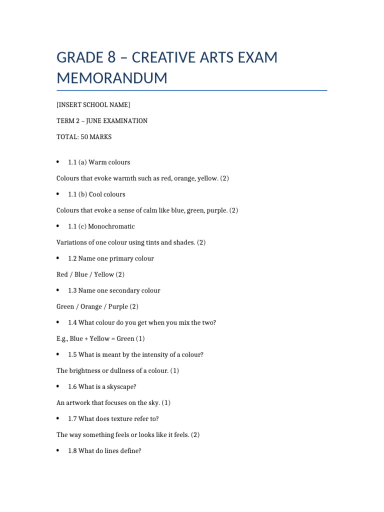 Grade8 Creative Arts Memo | PDF | Color | Composition (Visual Arts)