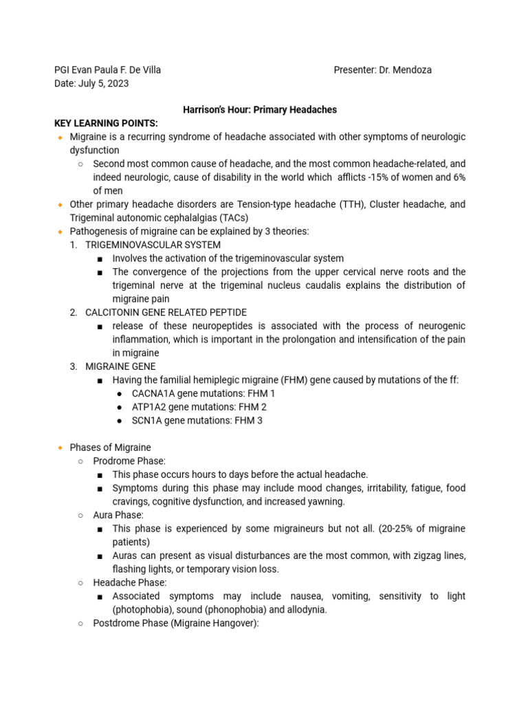 Harrisons Hour Primary Headaches - Key Learning Points | PDF | Migraine | Headache