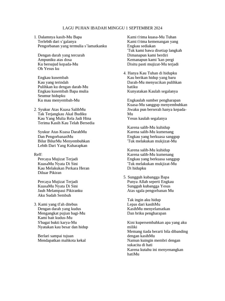 Lagu Pujian Ibadah Minggu 1 Sept 2024 | PDF
