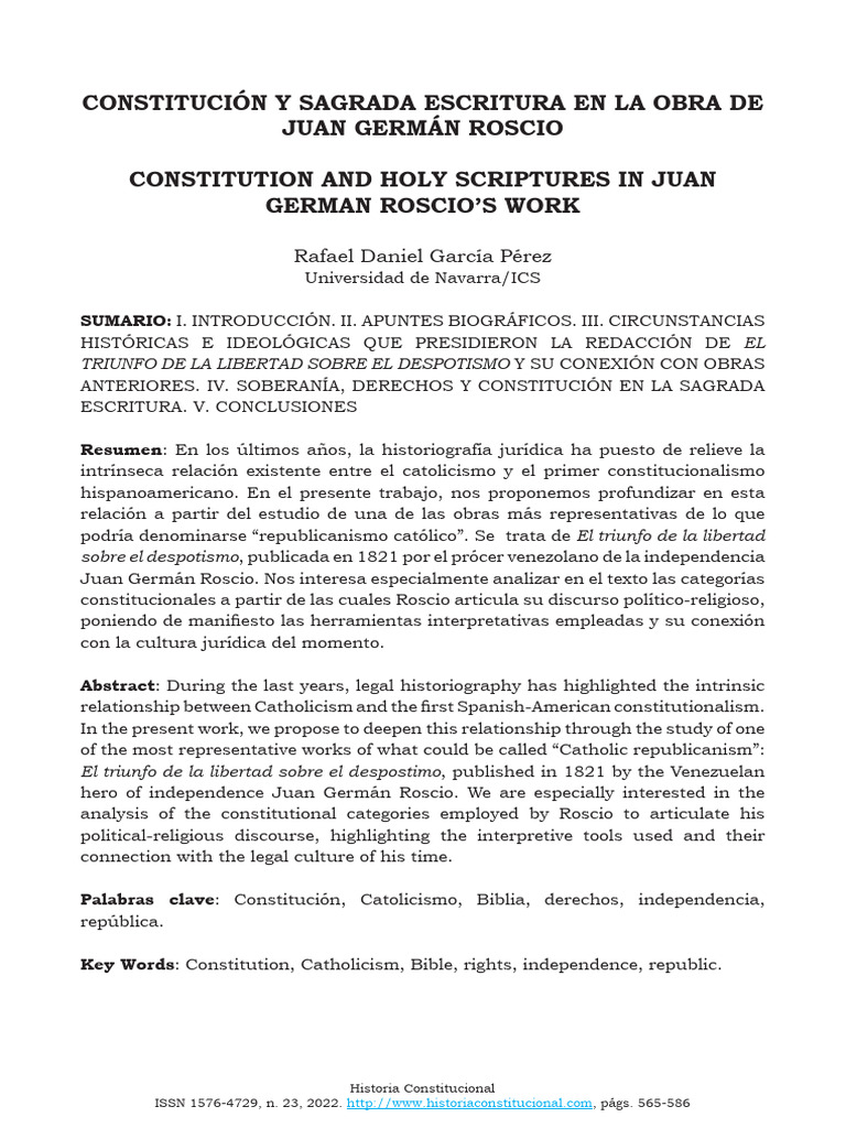 Constitucion y Sagrada Escritura en La Obra de Juan German Roscio ...