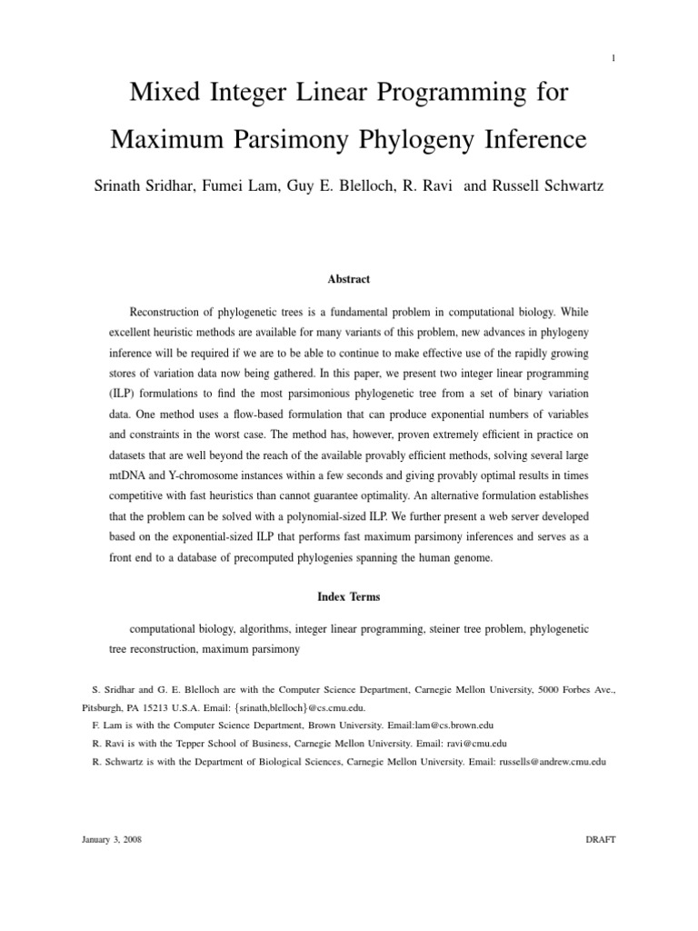 Mixed Integer Linear Programming For Maximum Parsimony Phylogeny Inference | PDF | Phylogenetic ...