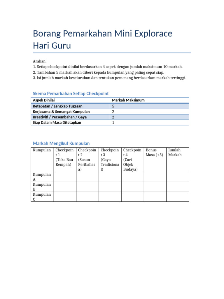 Borang Pemarkahan Terperinci Explorace Hari Guru | PDF