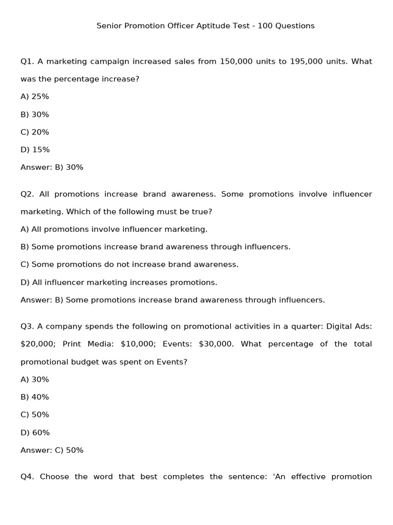Senior Promotion Officer Test Questions | PDF | Business Economics ...