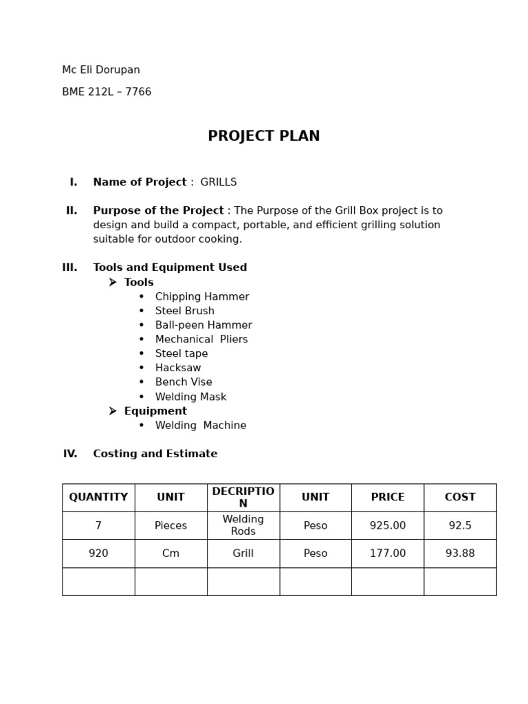 Portable Grill Box Project Plan | PDF