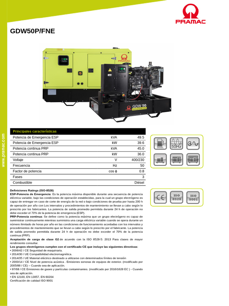 Grupo Electrógeno Pramac GDW50P 49.5 kVA | PDF | Fuente de alimentación | Poder (Física)