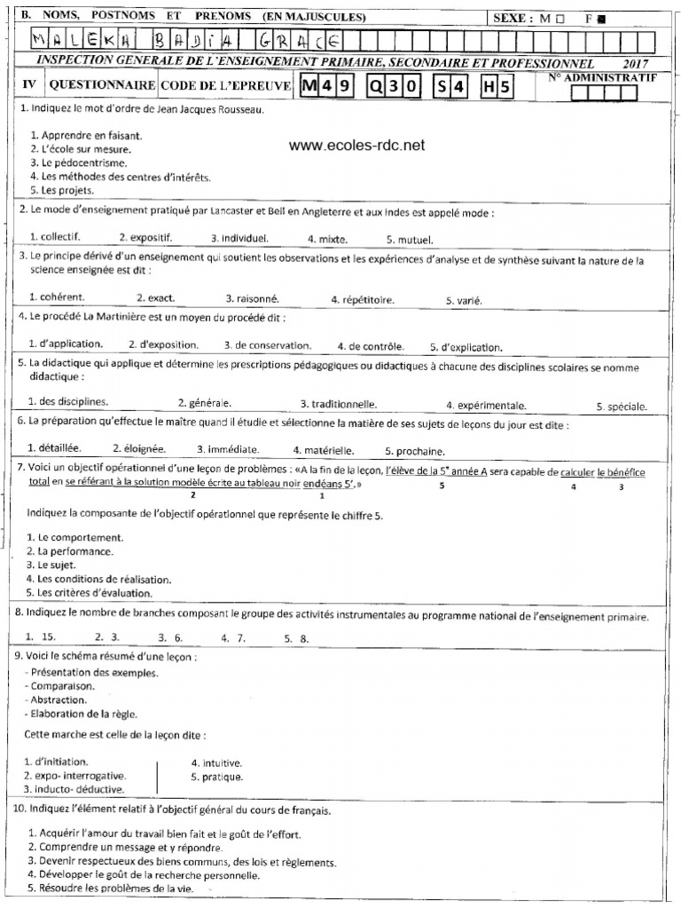 Items Exetat 2017 Pedagogie Generale S1 Code M49 | PDF