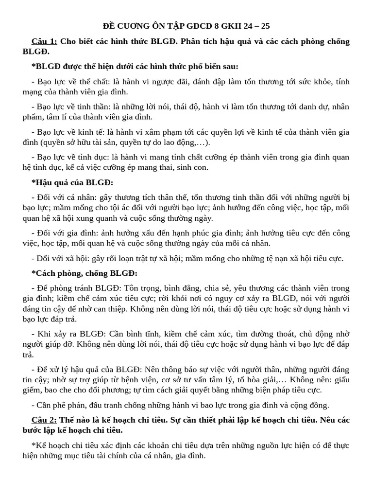 ĐỀ CUƠNG ÔN TẬP GDCD 8 GKII 24 - 25 | PDF